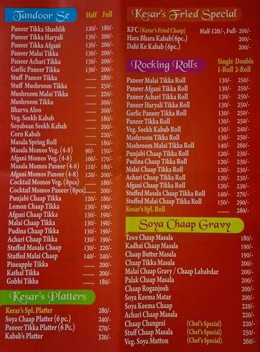 Menu of Kesar, Pitampura, New Delhi