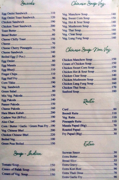 Menu of Trilok Family Restaurant & Bar, Matunga East, Mumbai