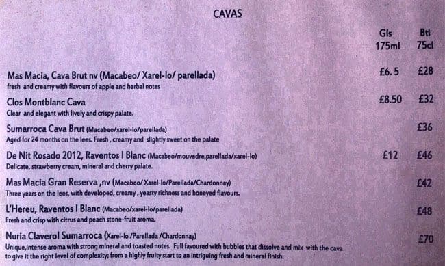 Menu at Bravas Tapas restaurant, London