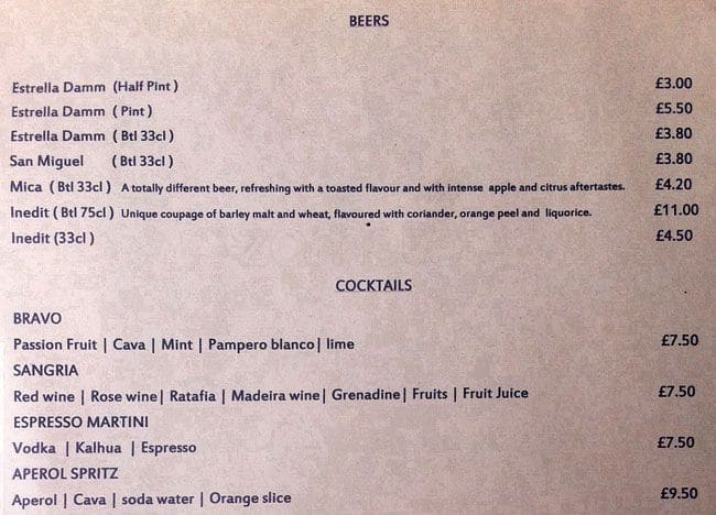 Menu at Bravas Tapas restaurant, London