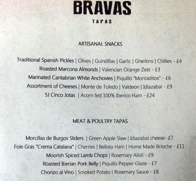 Menu at Bravas Tapas restaurant, London