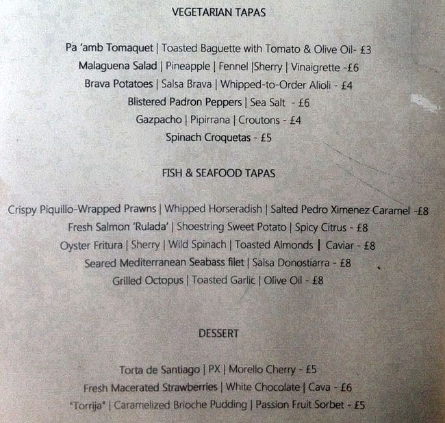Menu at Bravas Tapas restaurant, London