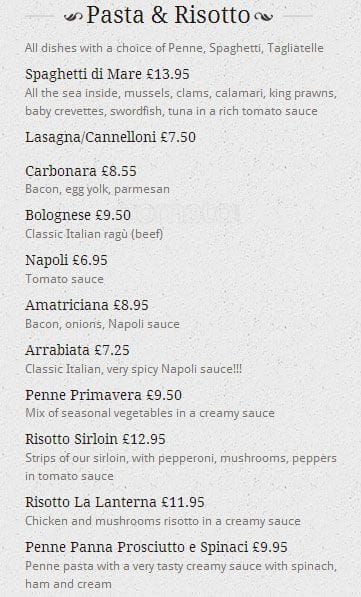 Menu at La Lanterna restaurant, Edinburgh