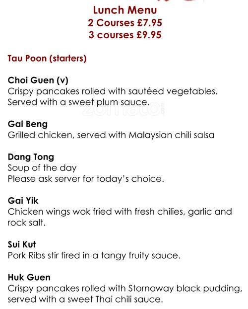 Menu at Dragon I restaurant, Glasgow