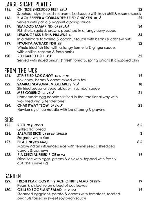 Menu at Ria Malay Kitchen restaurant, Leederville