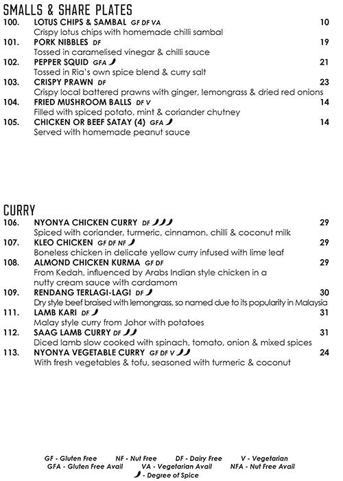 Menu at Ria Malay Kitchen restaurant, Leederville