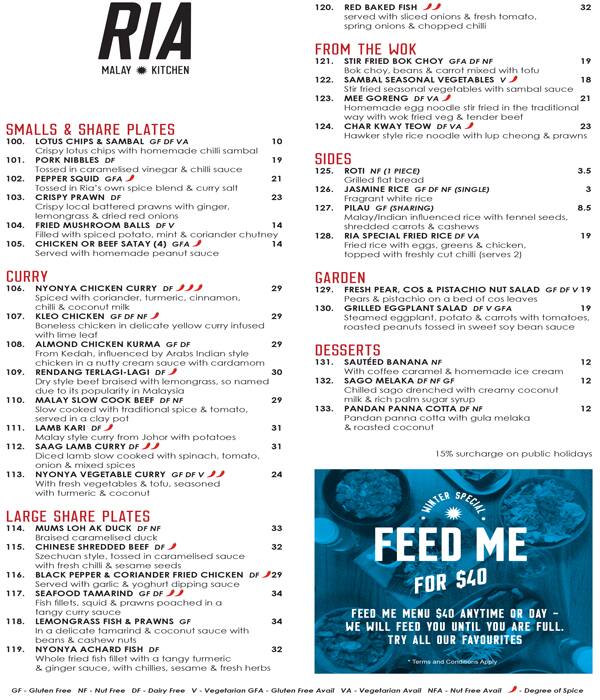 Menu at Ria Malay Kitchen restaurant, Leederville