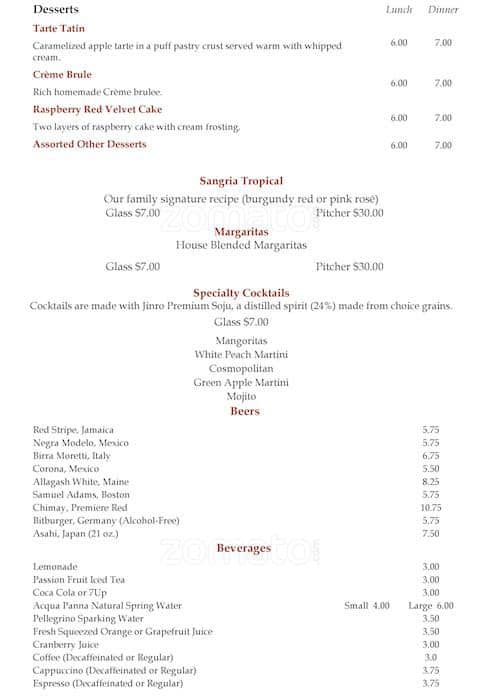 Menu at Prado restaurant, Los Angeles