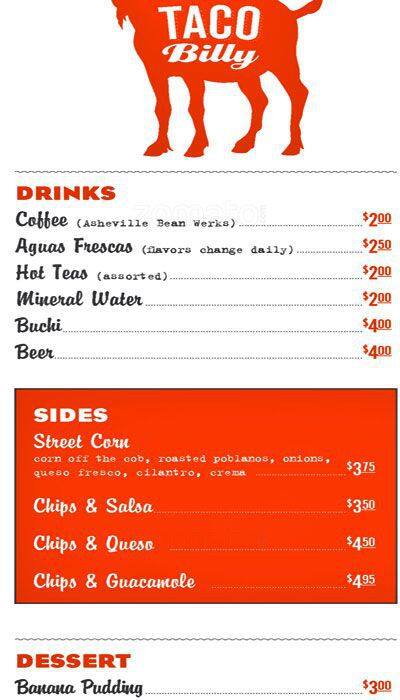 Menu at Taco Billy restaurant, Asheville