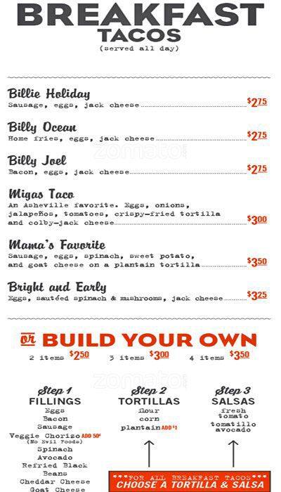 Menu at Taco Billy restaurant, Asheville
