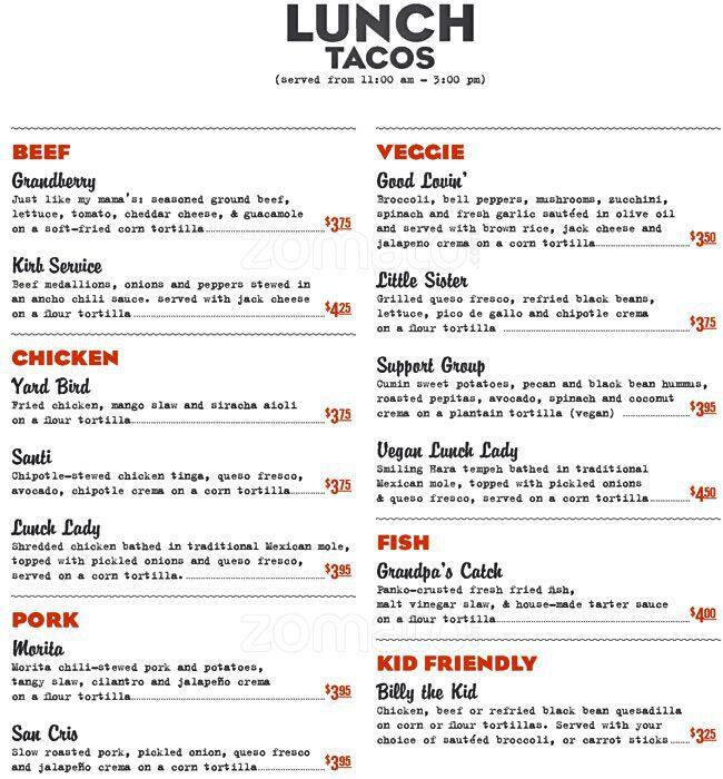 Menu at Taco Billy restaurant, Asheville