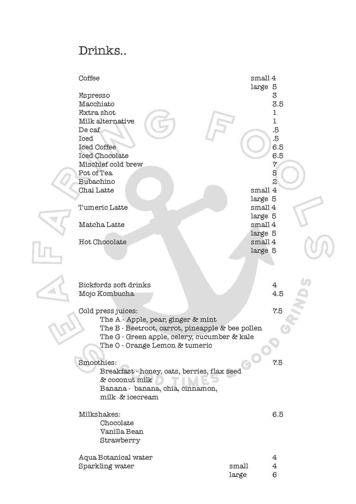 Menu at Seafaring Fools pub & bar, Glenelg South