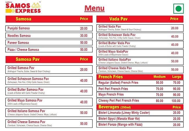Menu of Samosaa Express, Dombivali East, Thane