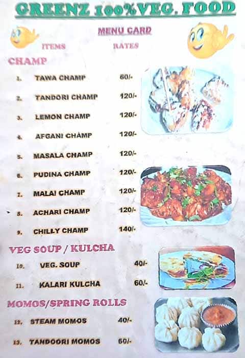 Menu of Greenz, Gandhi Nagar, Jammu