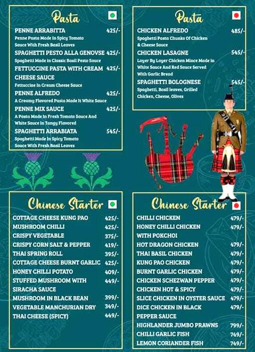 Menu at THE HIGHLANDERS, Amritsar