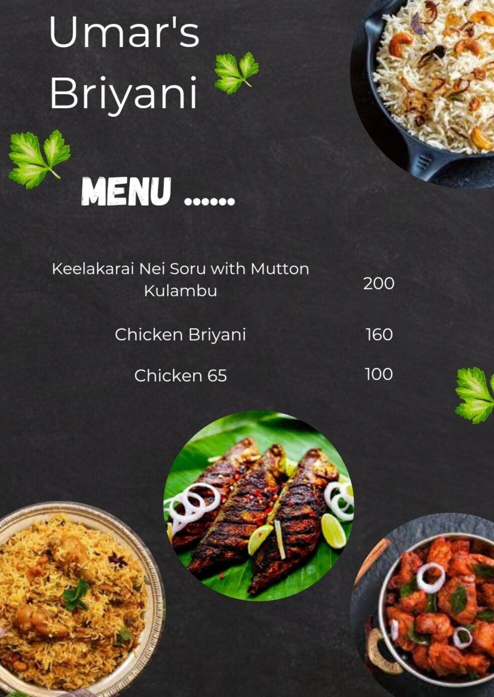 Menu of Umar's Briyani, Tambaram, Chennai