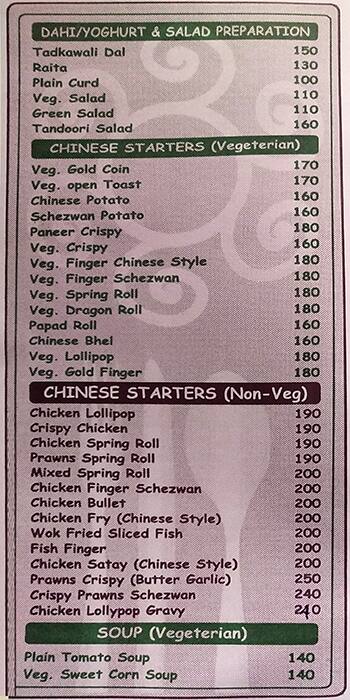 Menu of Two Star, Santacruz East, Mumbai