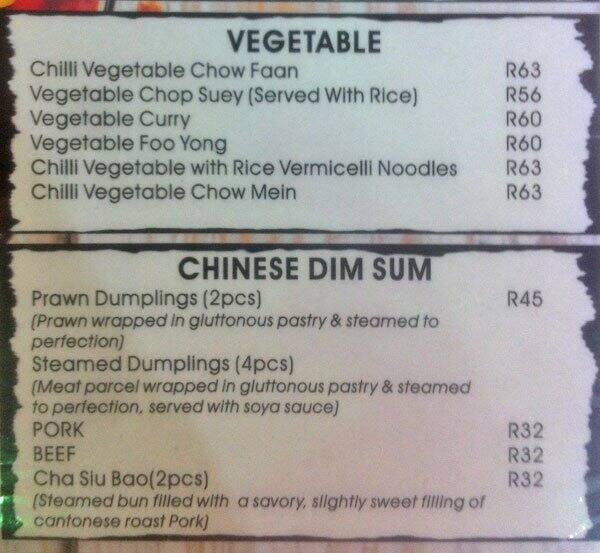 Menu at Fung Shing restaurant, Johannesburg