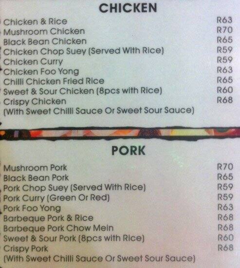 Menu at Fung Shing restaurant, Johannesburg