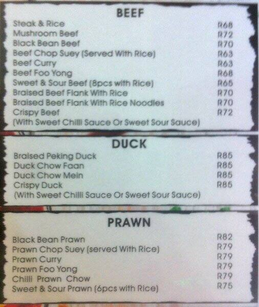 Menu at Fung Shing restaurant, Sandton