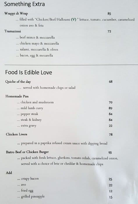 Menu at Lua A Baker's Cafe, Johannesburg