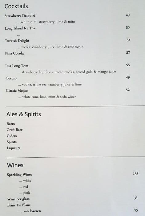 Menu at Lua A Baker's Cafe, Johannesburg