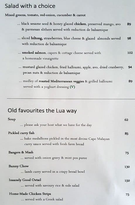 Menu at Lua A Baker's Cafe, Johannesburg