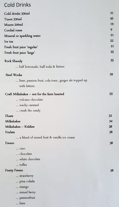 Menu at Lua A Baker's Cafe, Johannesburg