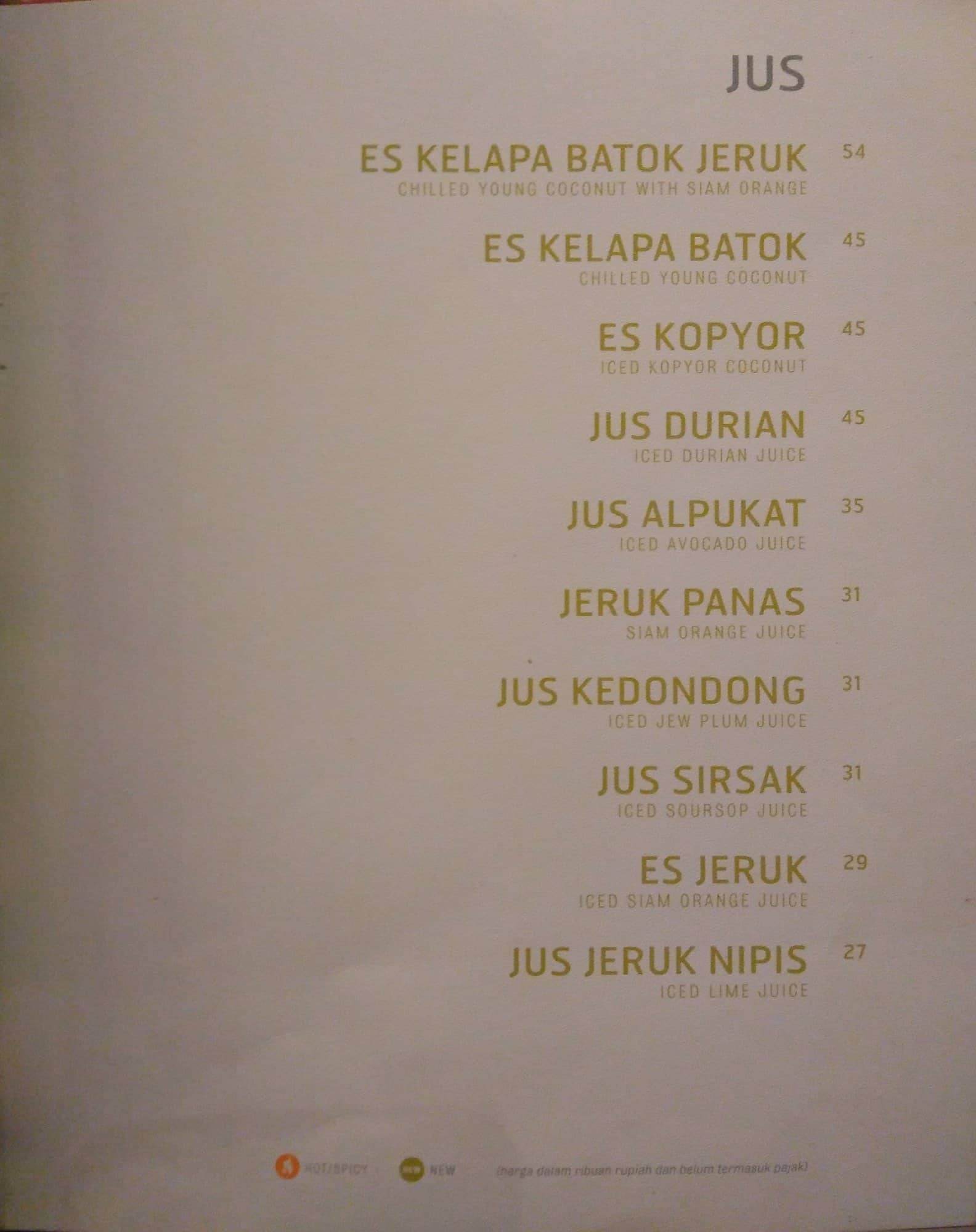 Menu at Sate Khas Senayan restaurant, Jakarta, Lippo Mall Puri