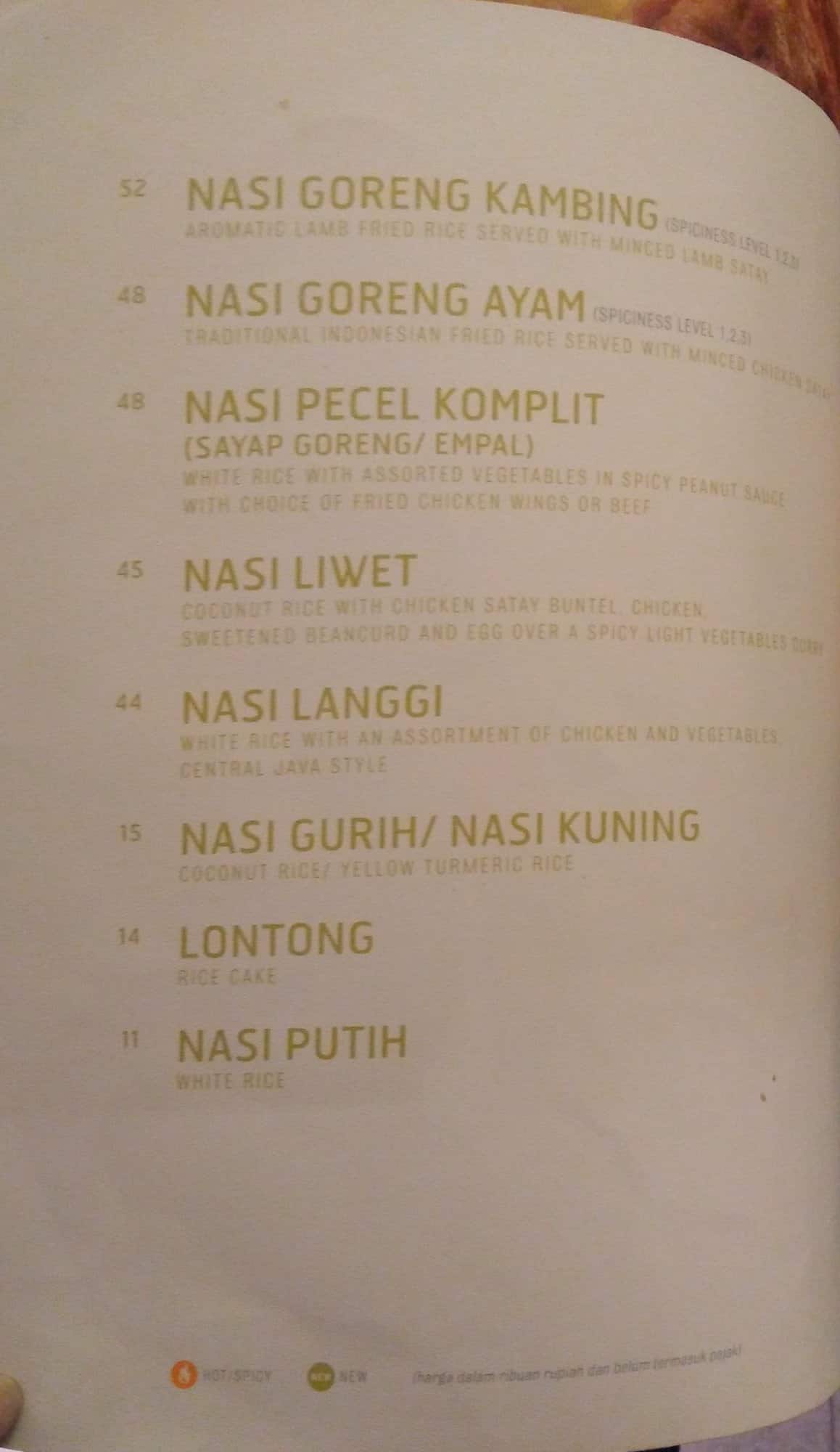 Menu at Sate Khas Senayan restaurant, Jakarta, Lippo Mall Puri
