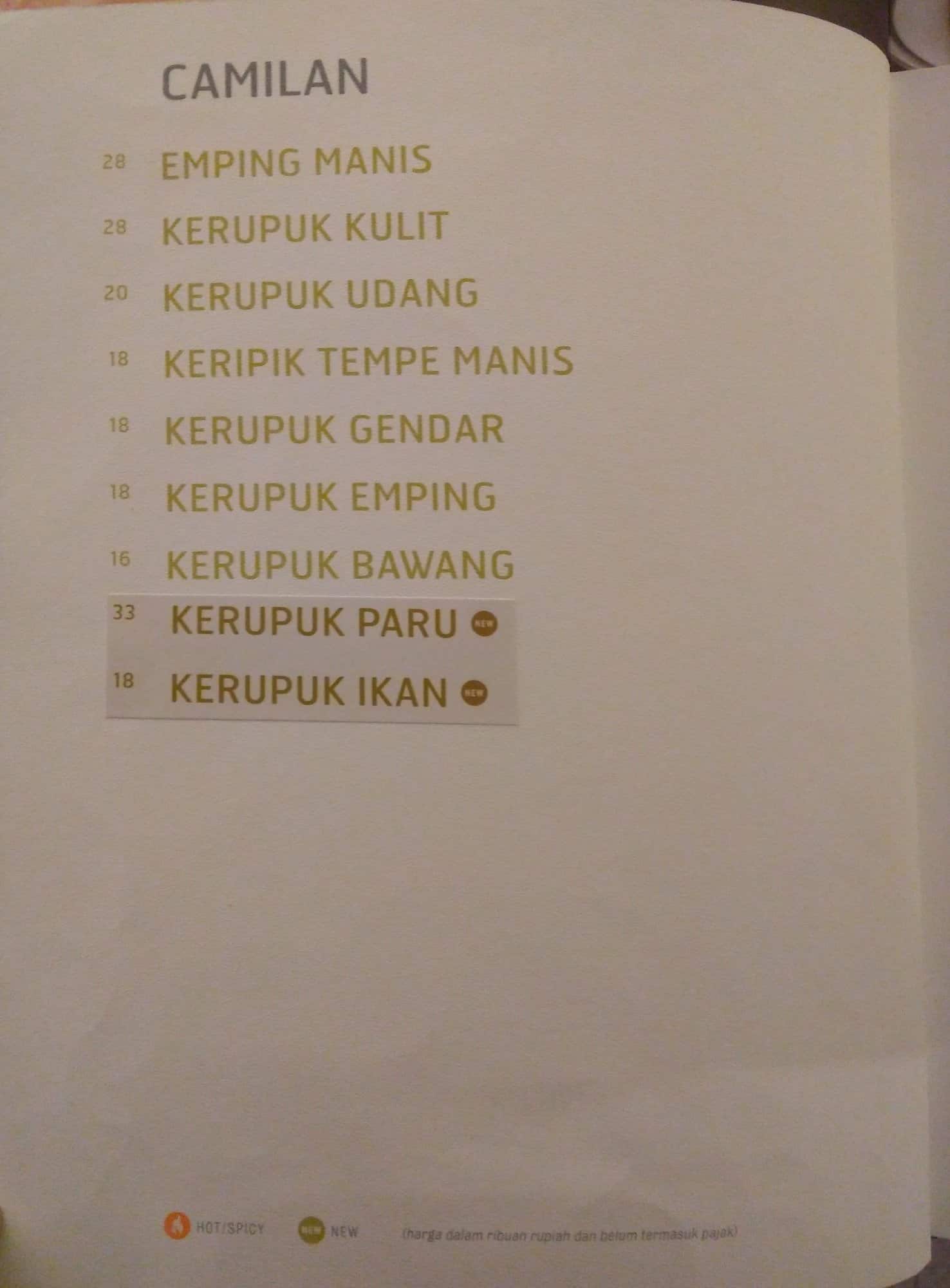 Menu at Sate Khas Senayan restaurant, Jakarta, Lippo Mall Puri