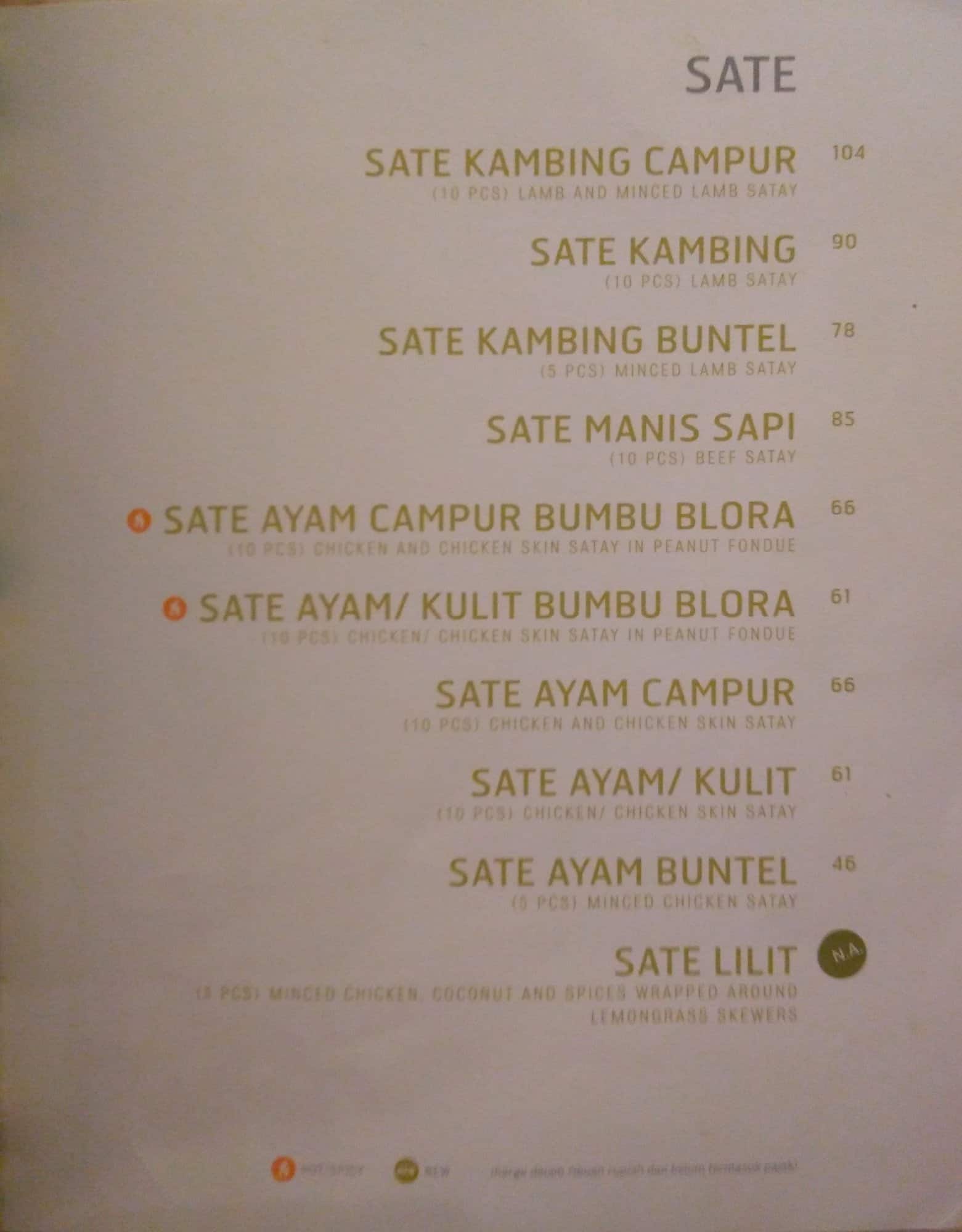 Menu at Sate Khas Senayan restaurant, Jakarta, Lippo Mall Puri