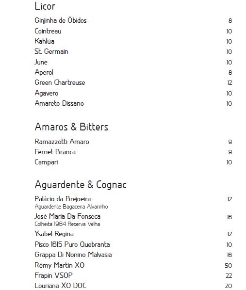 Menu at Alma restaurant, Lisbon, R. Anchieta 15