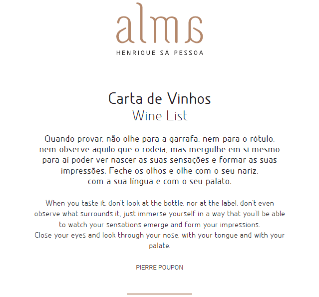 Menu at Alma restaurant, Lisbon, R. Anchieta 15