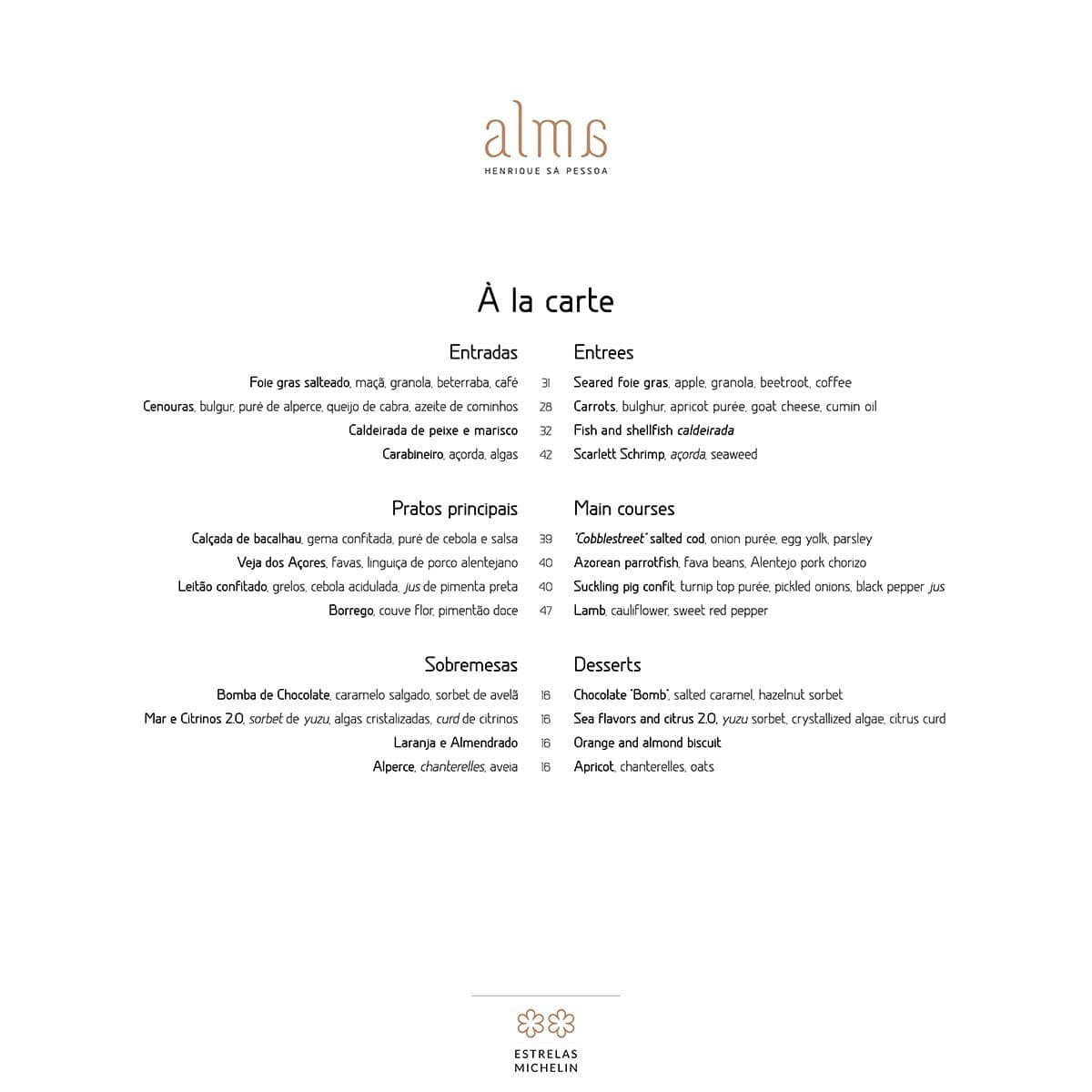 Menu at Alma restaurant, Lisbon, R. Anchieta 15