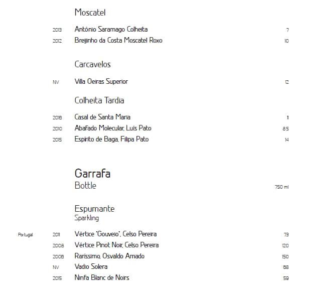 Menu at Alma restaurant, Lisbon, R. Anchieta 15