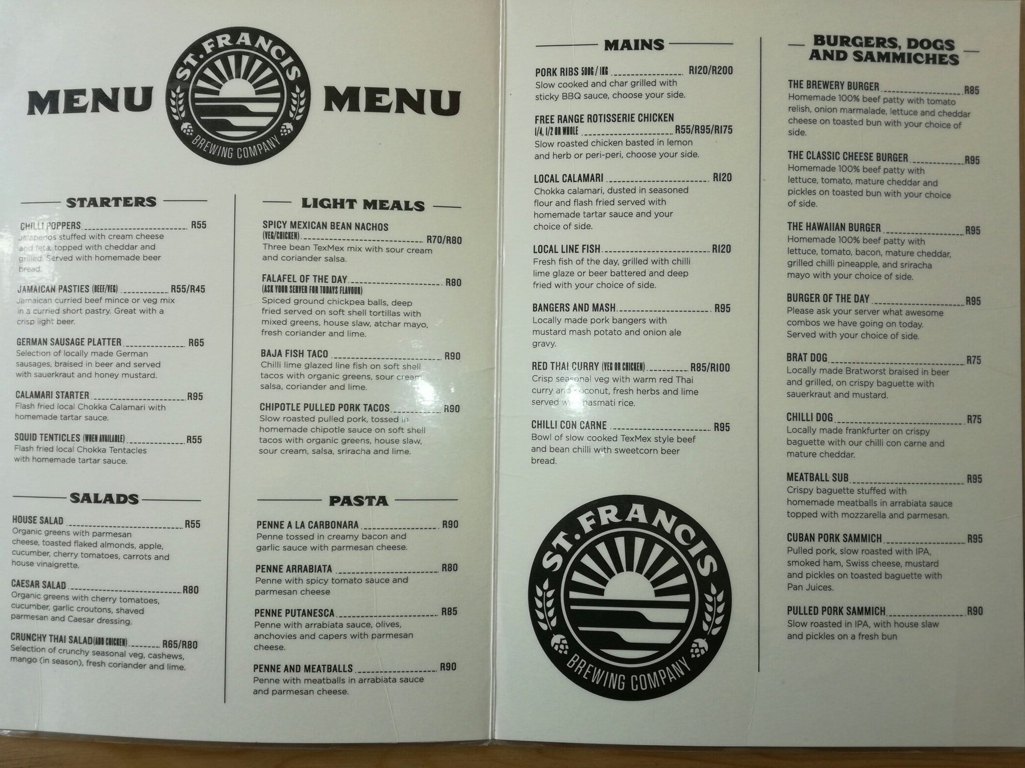 Menu at St Francis Brewing Co & Grill House restaurant, Saint Francis Bay