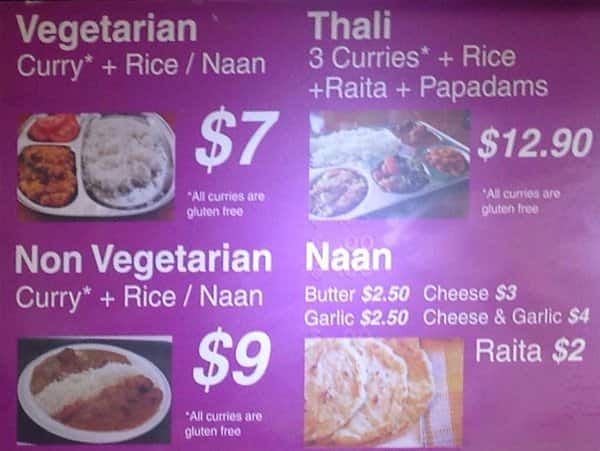 Menu at Naan Tandoori restaurant, Adelaide