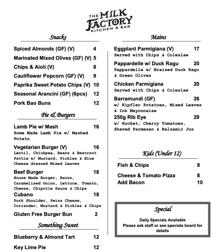 Menu at The Milk Factory pub & bar, Brisbane City