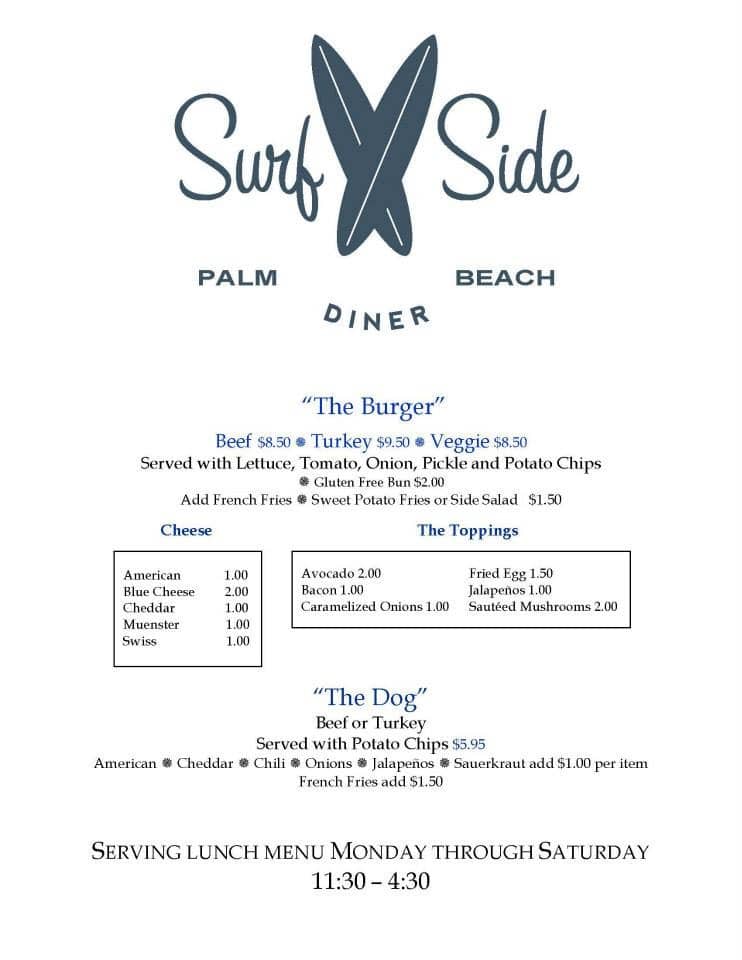 Menu at SurfSide Diner restaurant, Palm Beach