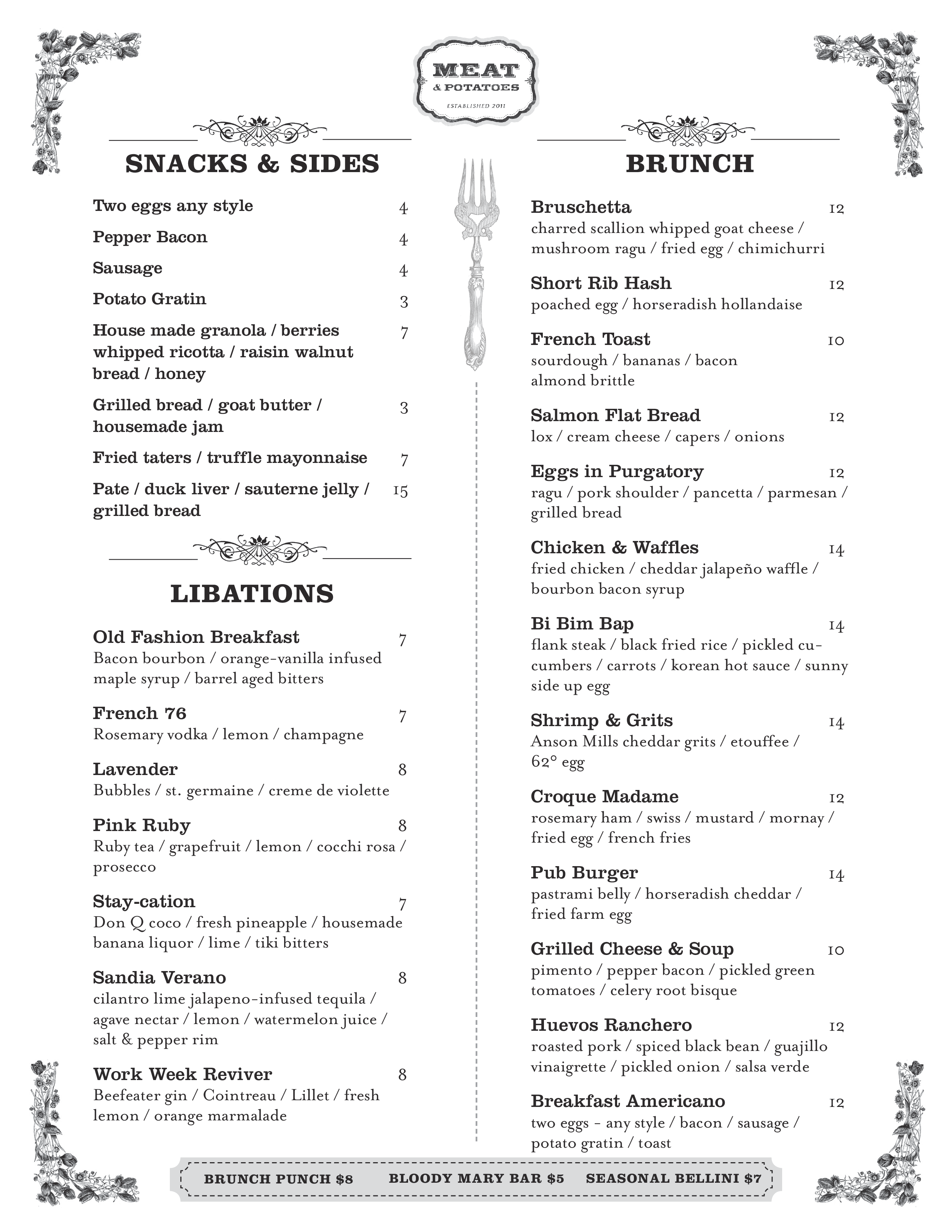 Menu at Meat & Potatoes pub & bar, Pittsburgh
