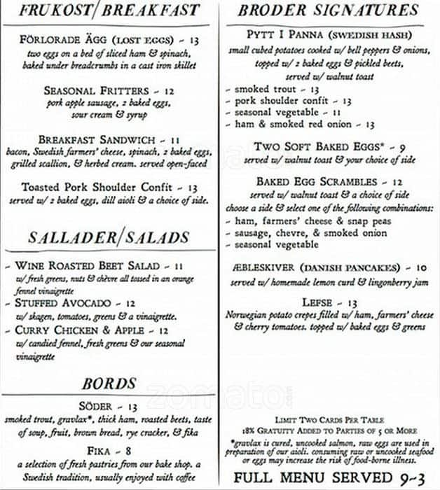 Menu at Broder Café restaurant, Portland, SE Clinton St