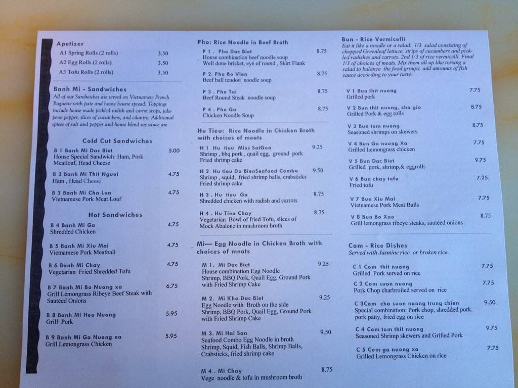 Menu at Miss Saigon Sandwiches & Noodles restaurant, Virginia Beach ...