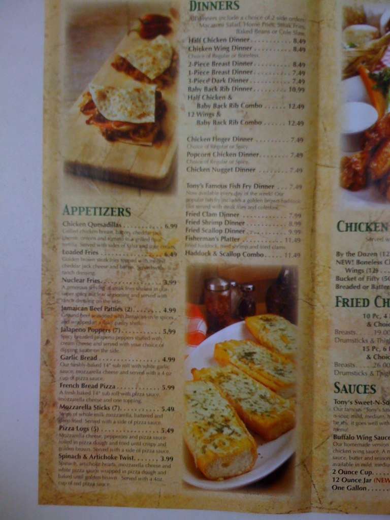 Menu at Tony's Birdland & Pizzeria, Rochester, Dewey Ave
