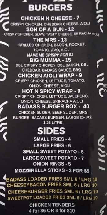 Menu at Badass Burgers, Fish and Chips restaurant, Darley