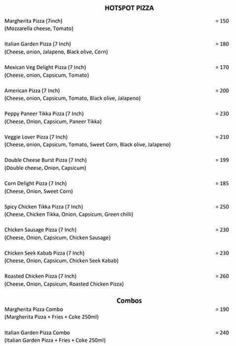 Menu of Hotspot Pizza, BTM, Bangalore