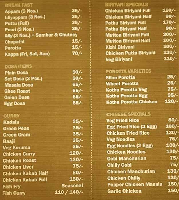Menu at Clay Pot Kerala, Bengaluru