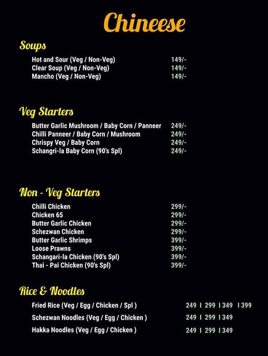 Menu of 90's Cafe, Gurunanak Colony, Vijayawada