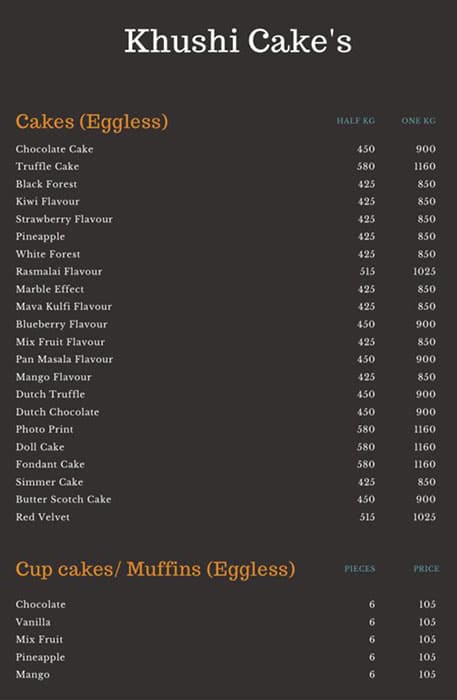 Menu of Khushi Cake, Nigdi, Pune