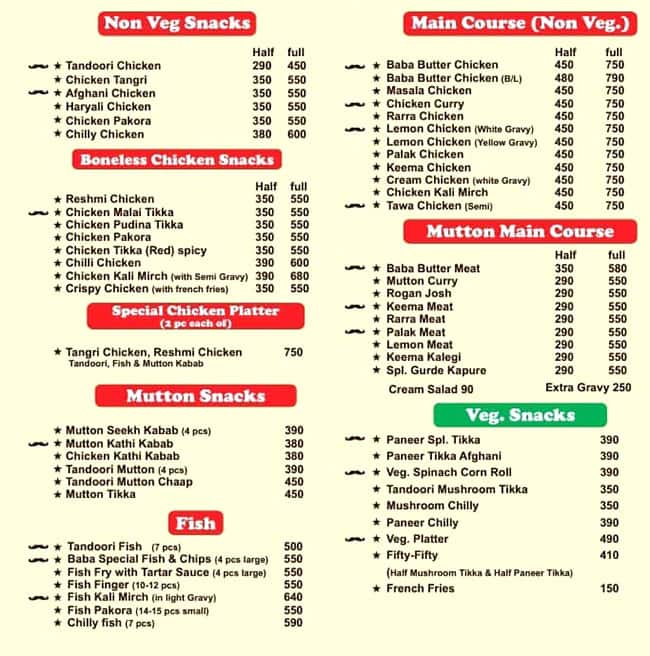 Menu at Baba Chicken (Ludhiana Wale), Delhi